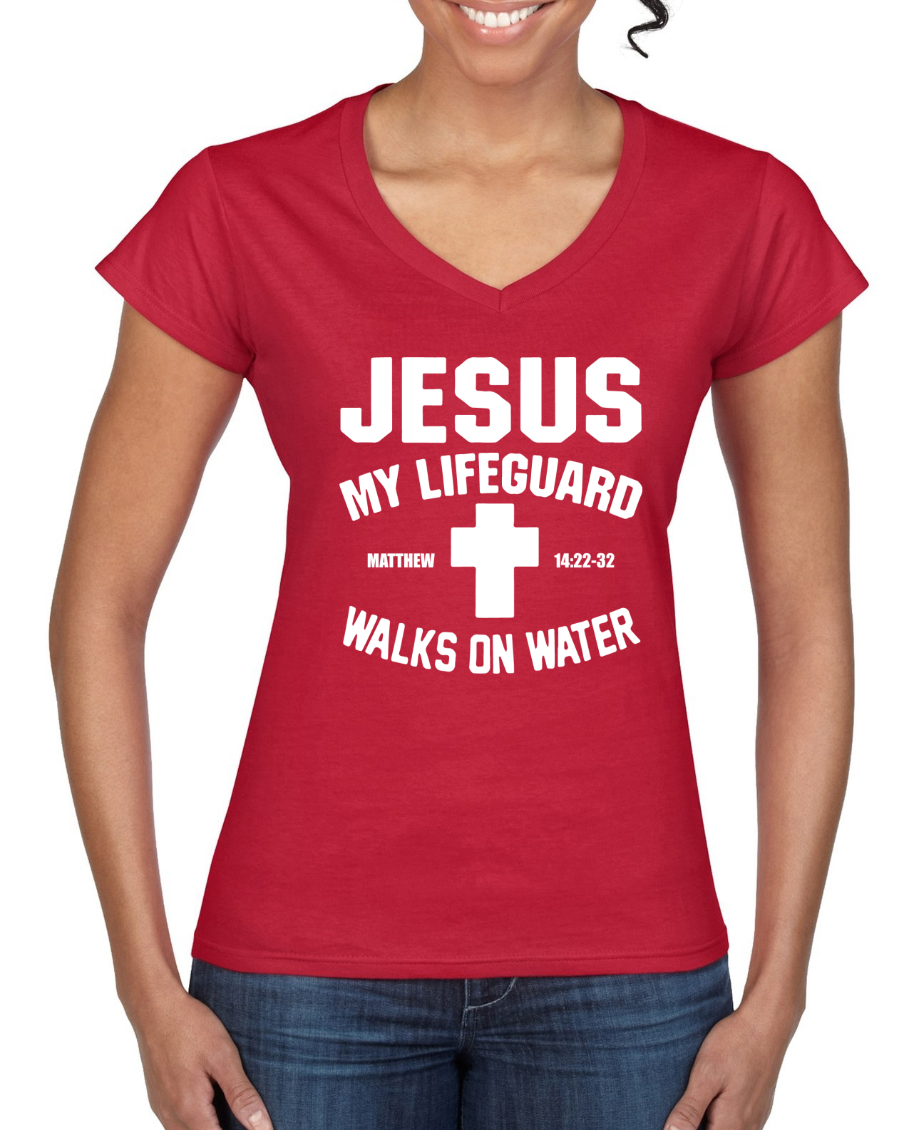 Jesus My Lifeguard Walks on Water Matthew 14:22l Women Standard V-Neck ...